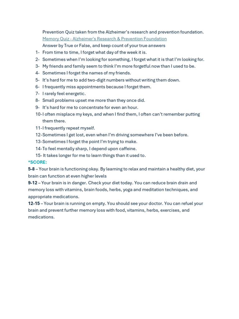 Alzheimer's Quiz | PDF