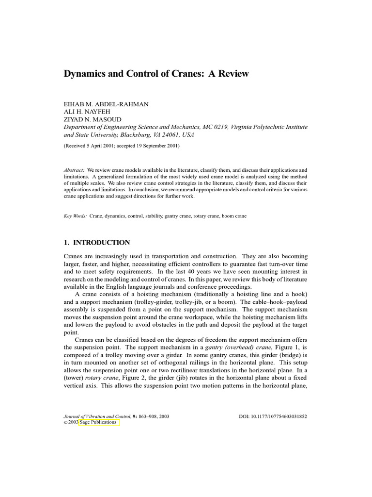 Dynamics and Control of Cranes a Review | PDF | Crane (Machine) | Resonance