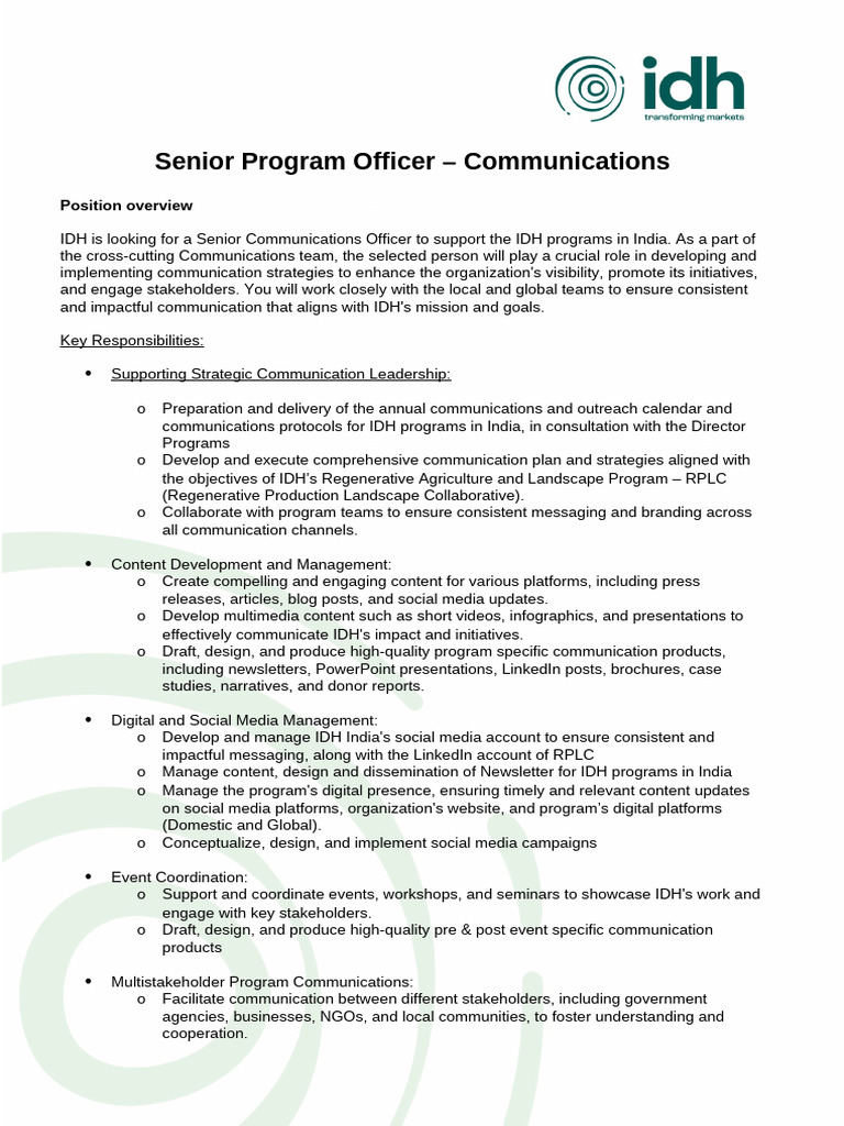 Senior Communications Officer Role at IDH | PDF | Communication | Brand