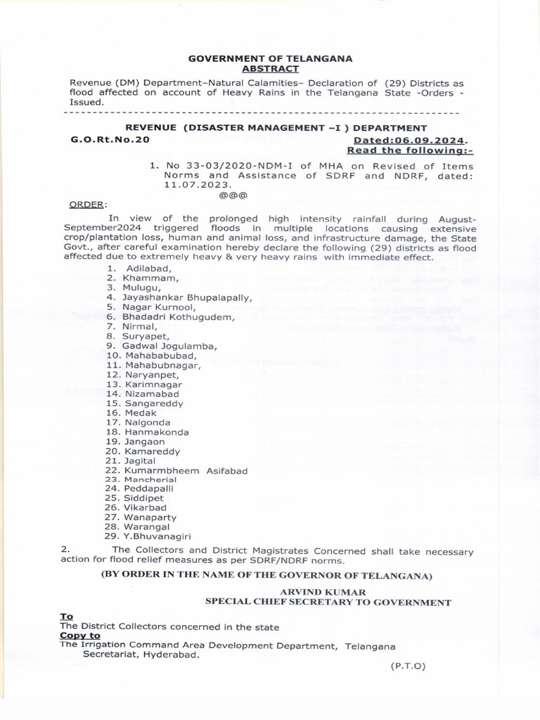 G O RT No 20 Declaration of 29 Dist Flood Effected | PDF