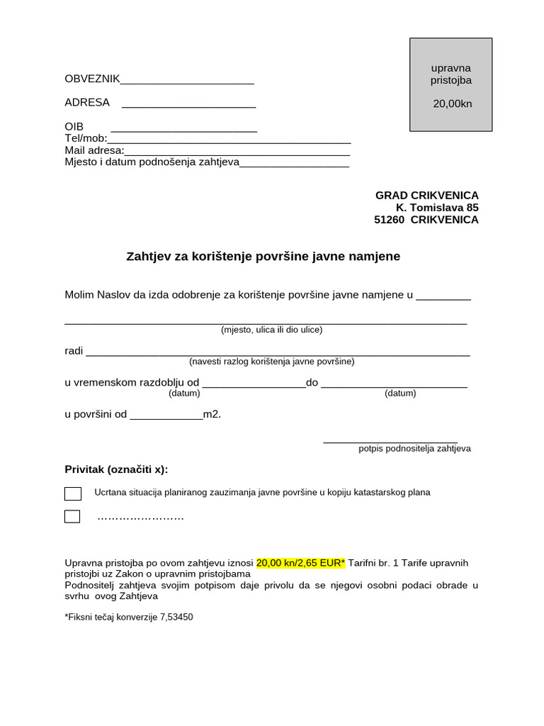 Zahtjev Za Koristenje Povrsine Javne Namjene | PDF