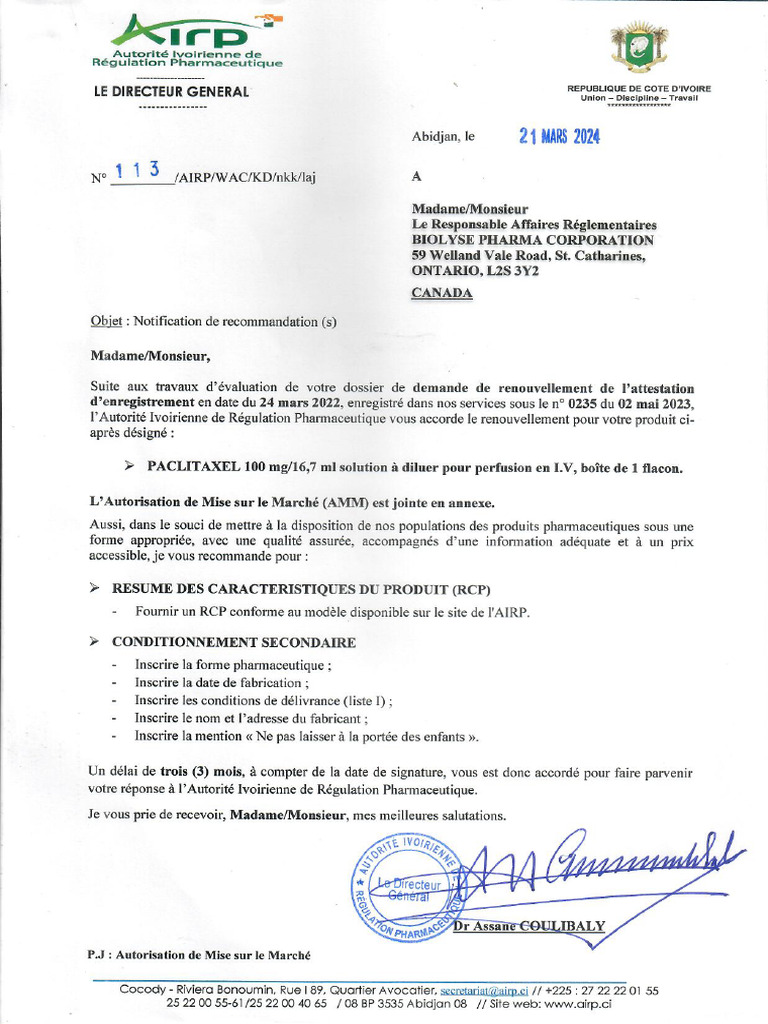 AMM-MA PACLITAXEL BIOLYSE Cöte-d'Ivoire | PDF