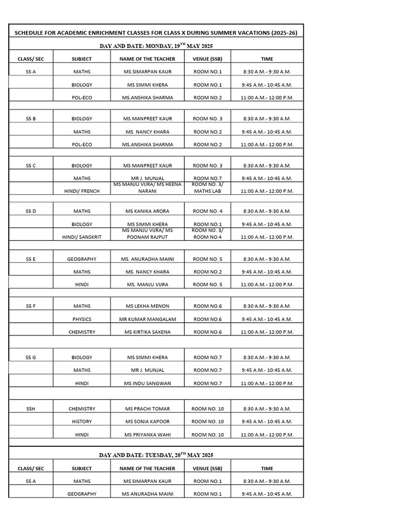 Extra Classes Schedule for Class X | PDF