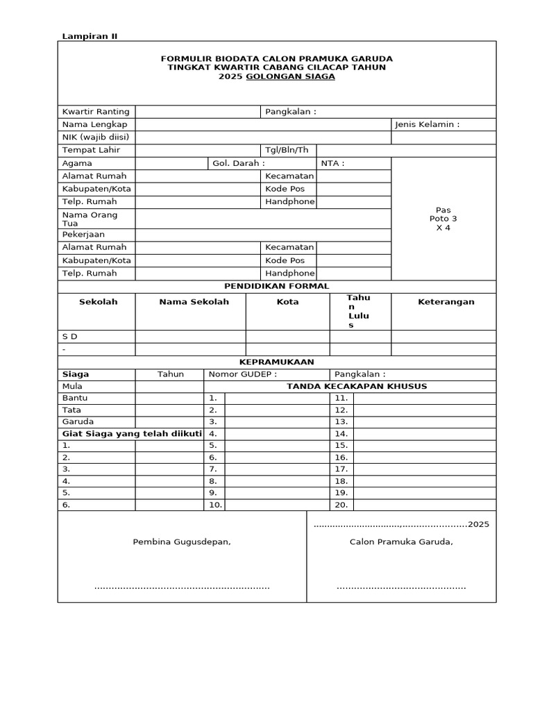 Lampiran II Formulir Biodata Calon Pramuka Garuda Tingkat Kwartir Cabang Cilacap Tahun 2025 ...