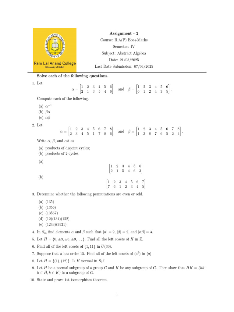 Abstract Algebra Assigment 2 | PDF | Group (Mathematics) | Geometry