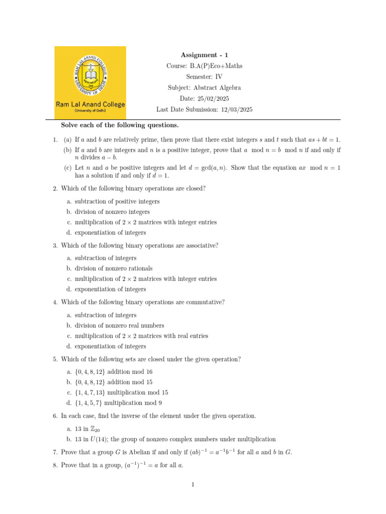 Abstract Algebra Assigment 1 | PDF | Division (Mathematics ...