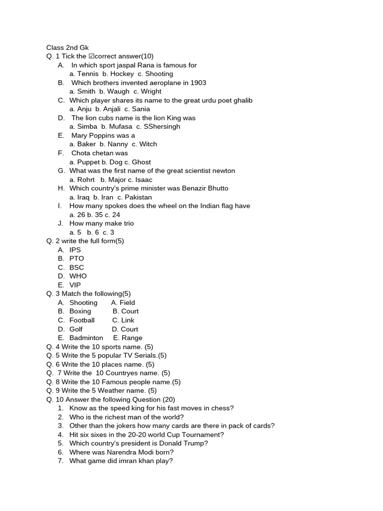 Class 2nd GK 2025 | PDF
