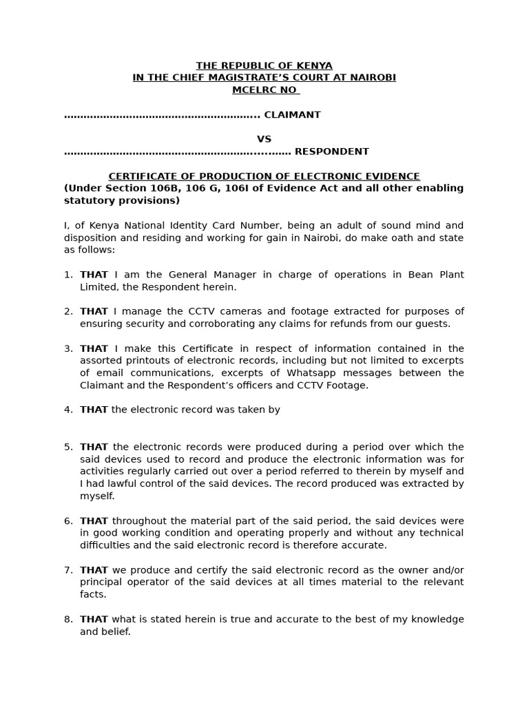 Certificate of Electronic Evidence Kenya | PDF