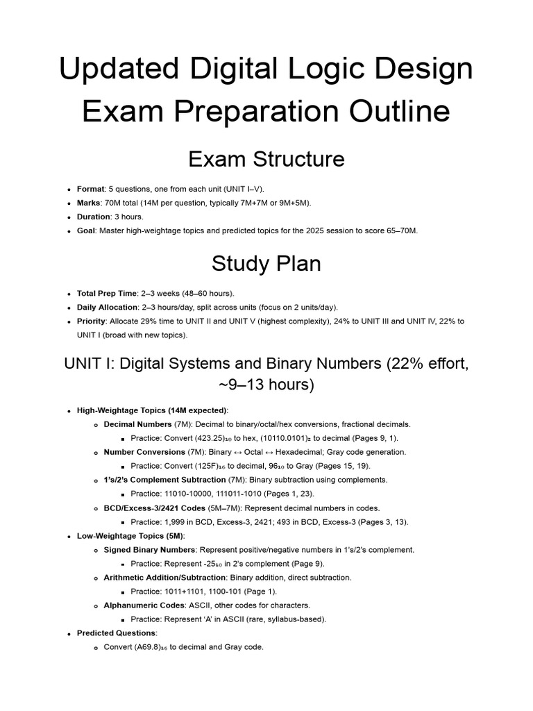 Updated DLD Exam Preparation Outline | PDF | Binary Coded Decimal | Elementary Mathematics
