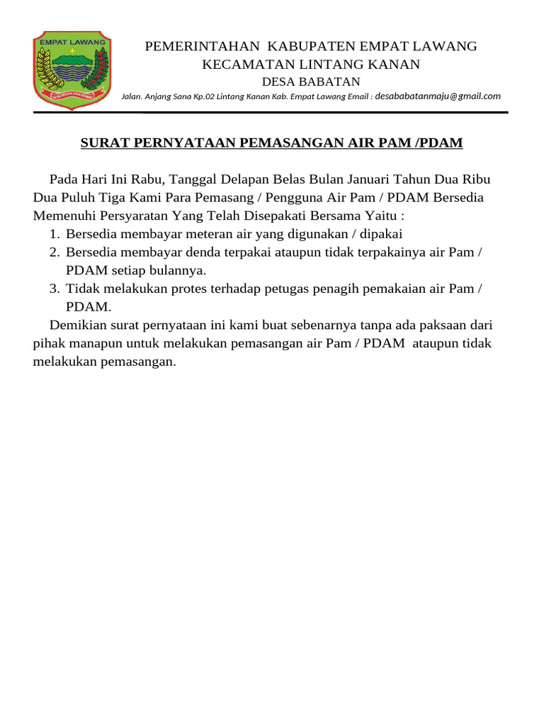 Surat Pernyataan PDAM | PDF
