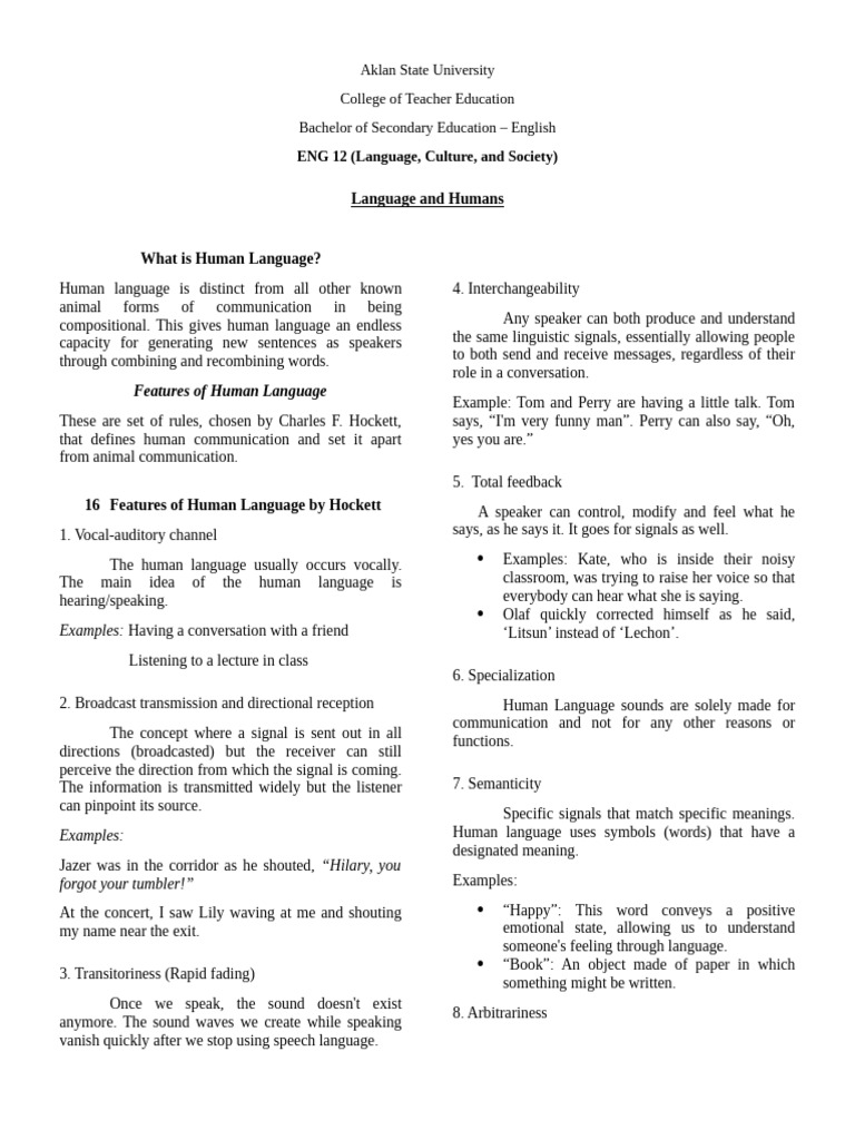 ENG 12 Human and Animal Language Handouts | PDF | Communication | Perception