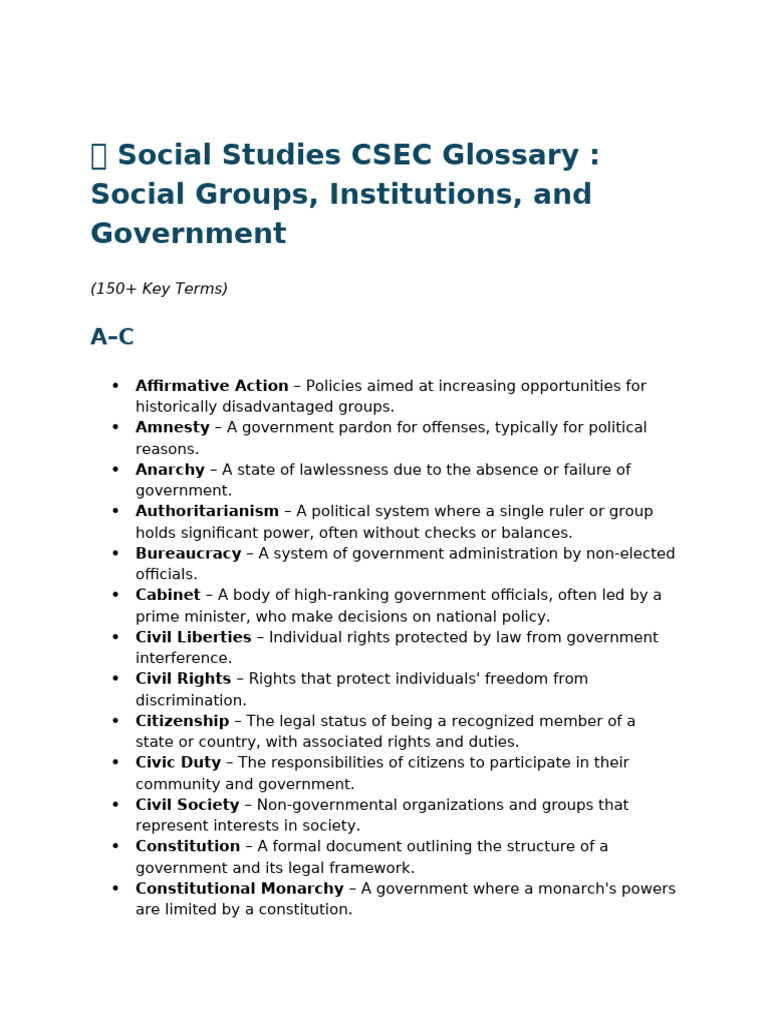 CSEC Social Studies Glossary: Key Terms | PDF | Government | Suffrage