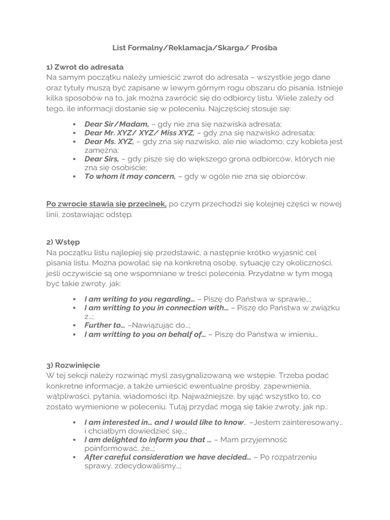 Zwroty List Formalny:Reklamacja:Skarga: Prośba | PDF