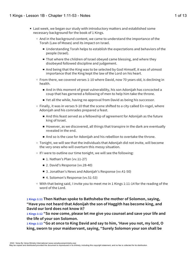 1 Kings Lesson 1b en Notes | PDF | Books Of Kings | David