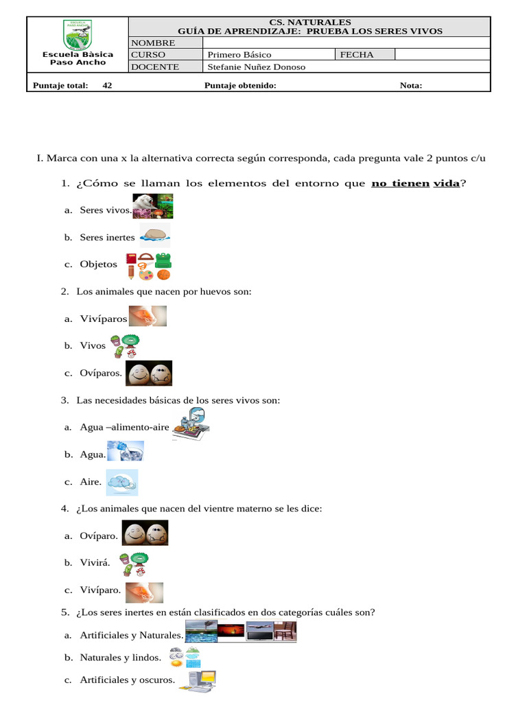 Prueba sobre Seres Vivos y Inertes | PDF