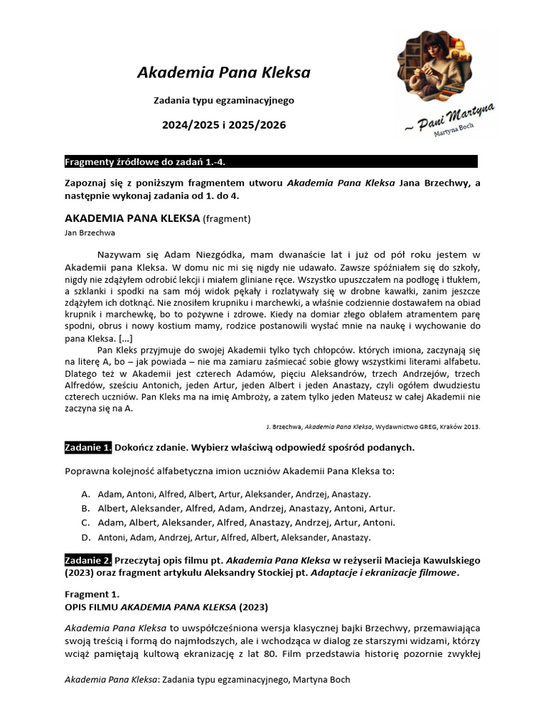 Akademia Pana Kleksa Zadania Do Lektury E8 | PDF