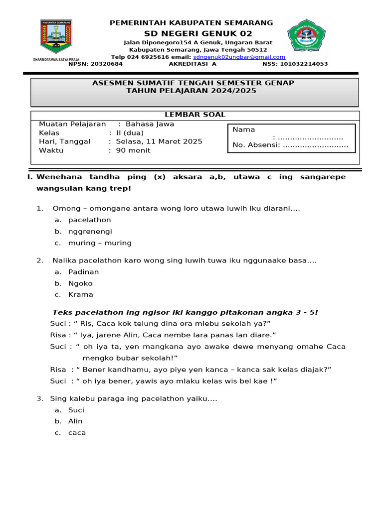 Soal PTS BHS Jawa Kelas 2 Sem 2 | PDF