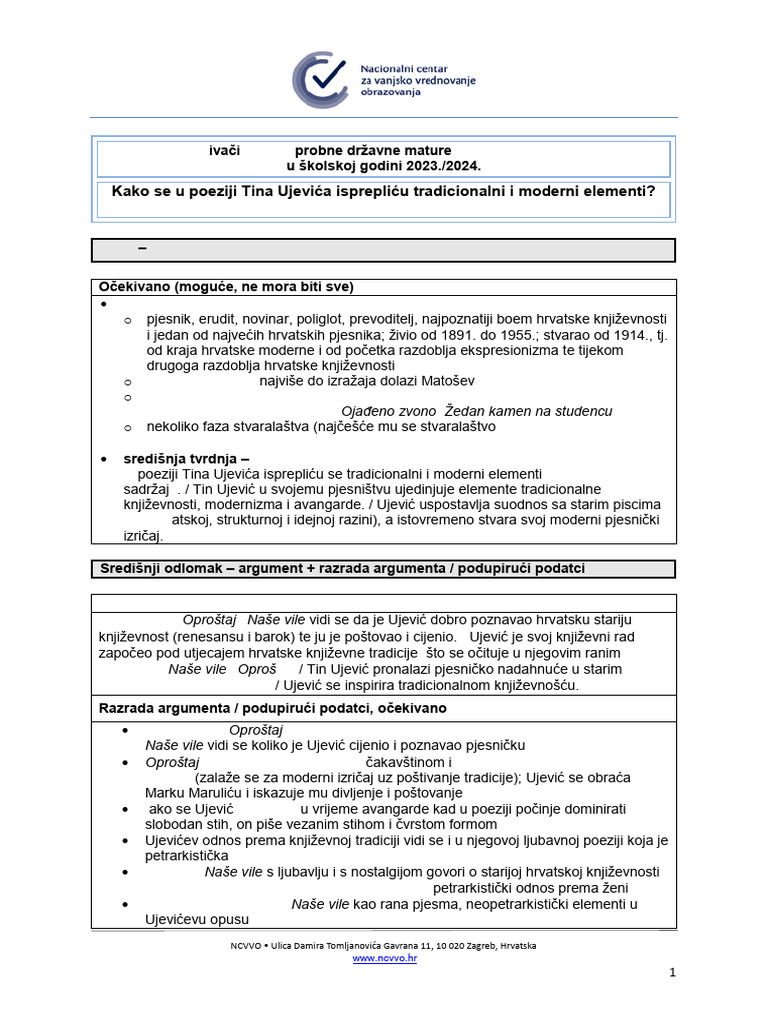 HRVATSKI JEZIK Probni Ispit - 2023.-2024. - Opisivači Za Esej | PDF