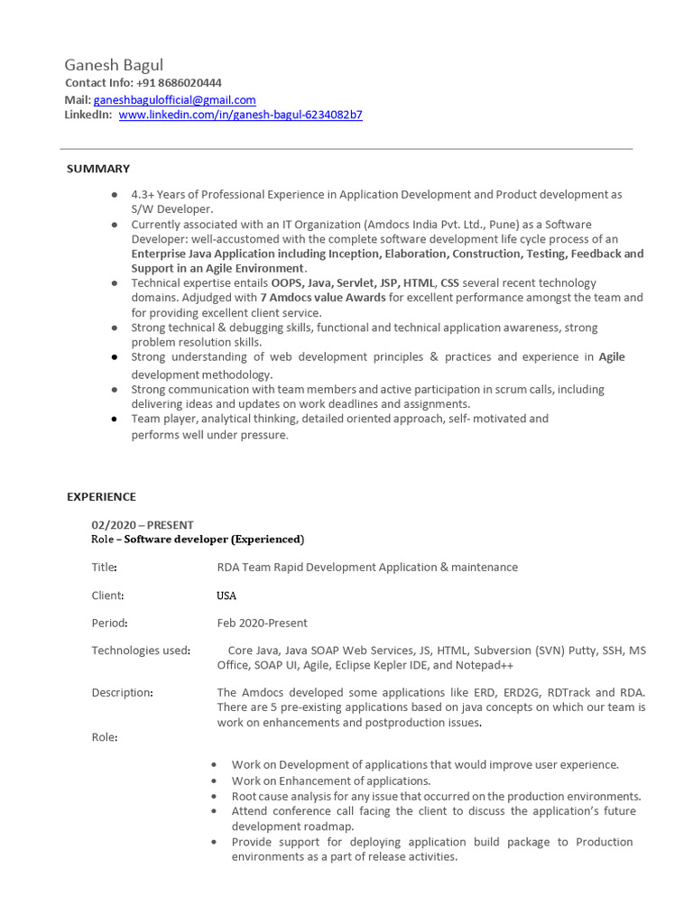 Ganesh Bagul Java 4 Years | PDF | Java (Programming Language) | Software Development