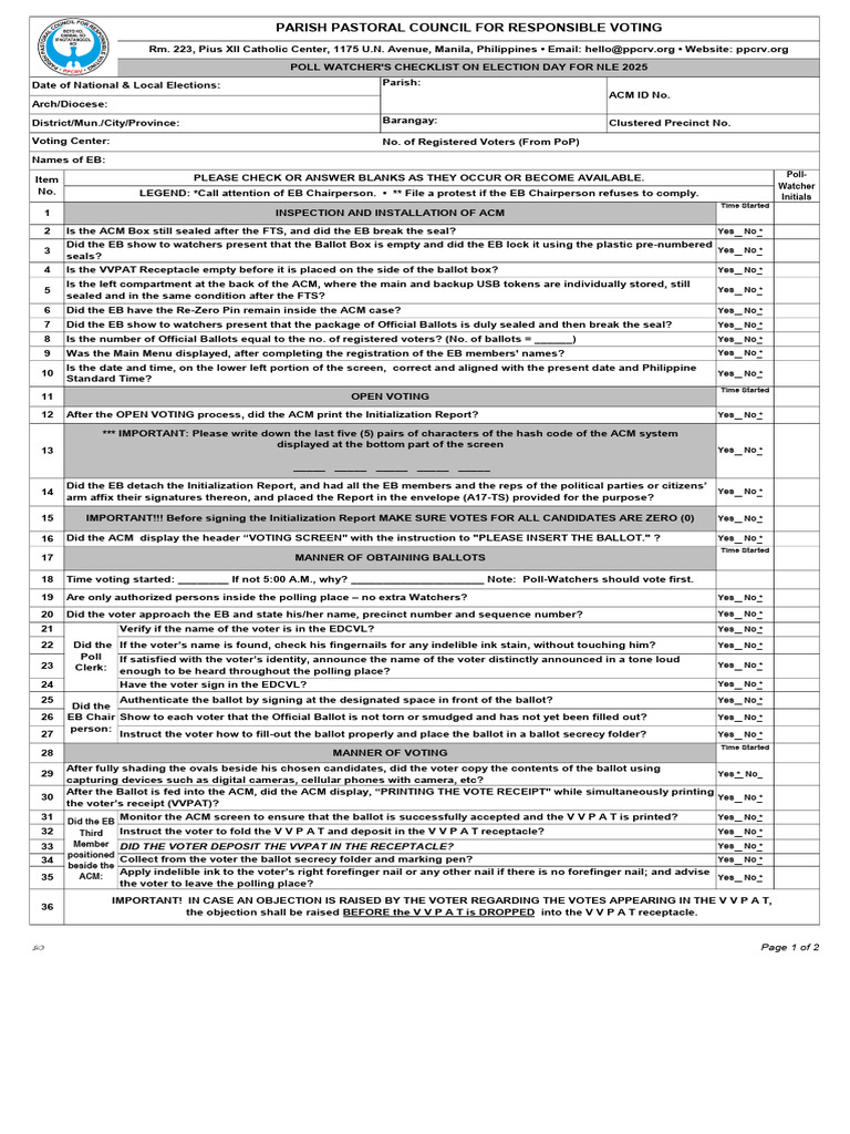 PPCRV Election Day Pollwatchers Checklist NLE 2025 | PDF | Ballot | Voting