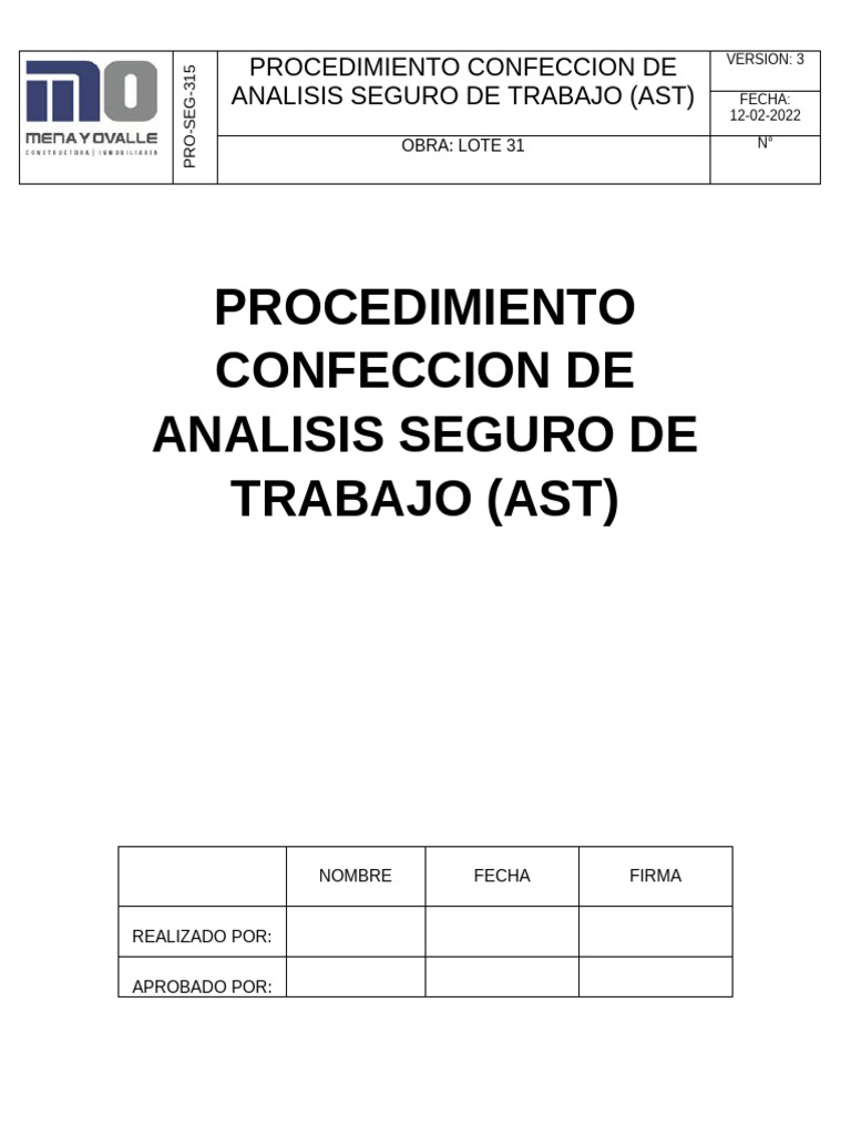 Procedimiento Confeccion de AST | PDF | Valores | Riesgo