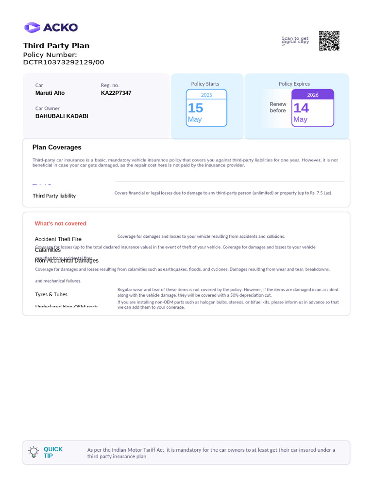 Acko 20250515 | PDF | Vehicle Insurance | Insurance