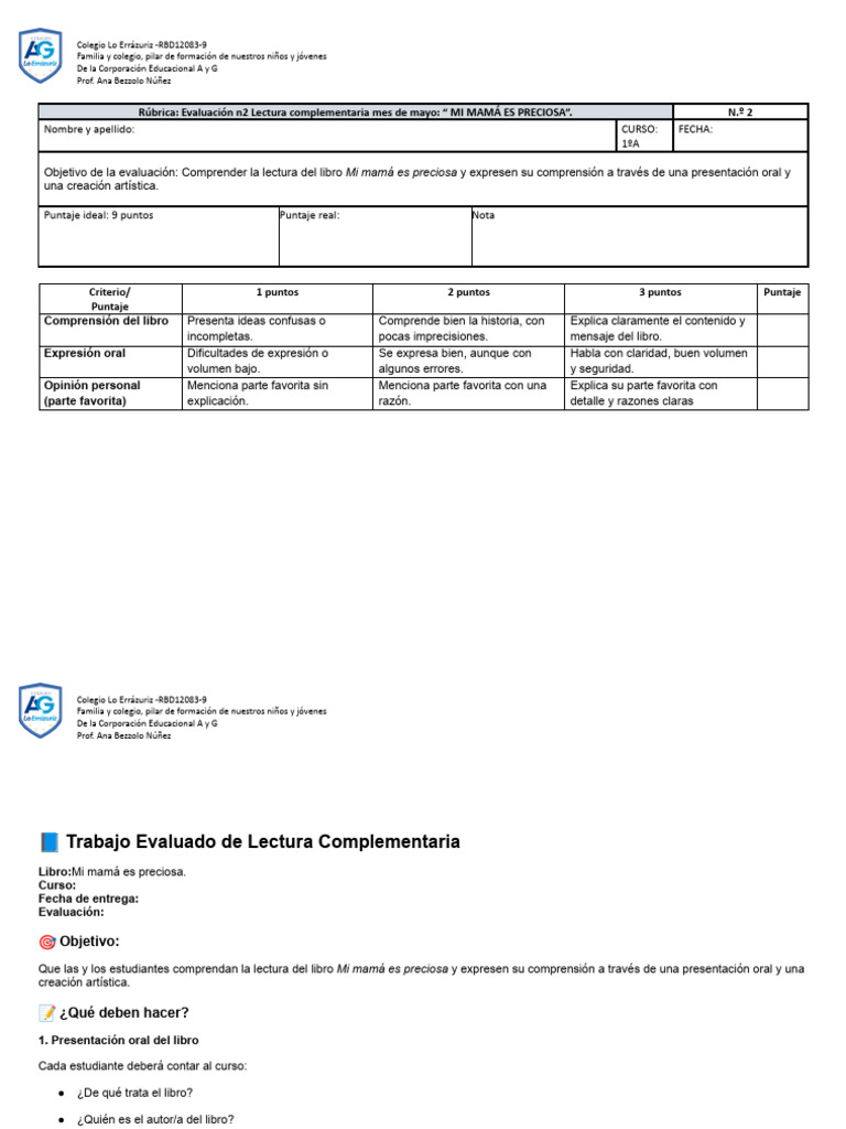 Rúbrica Evaluación n2 Complementaria Lenguaje Mayo | PDF