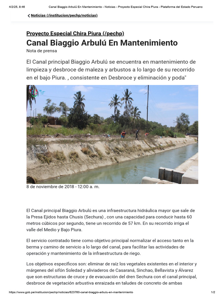 Canal Biaggio Arbulú en Mantenimiento - Noticias - Proyecto Especial ...