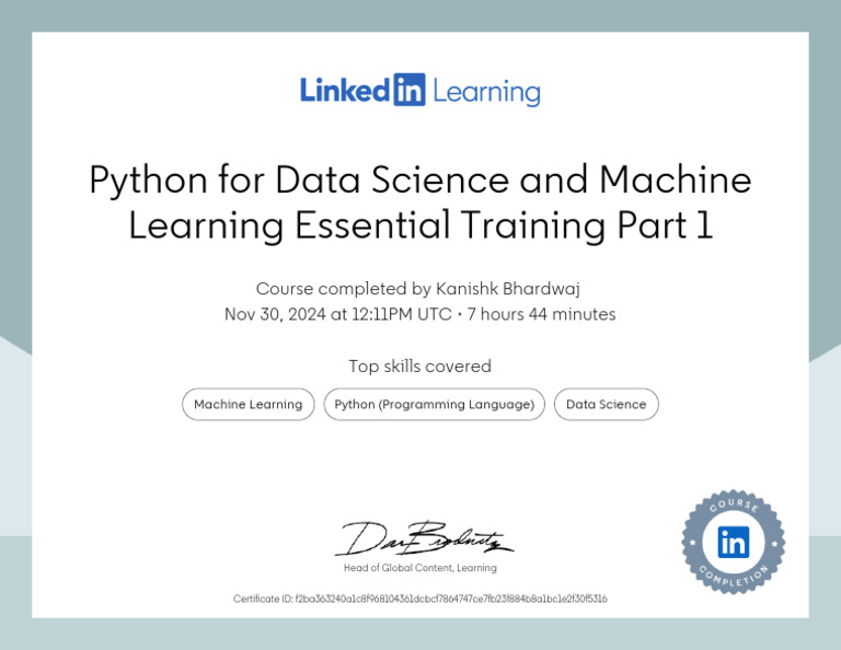 CertificateOfCompletion_Python for Data Science and Machine Learning Essential Training Part 1 | PDF