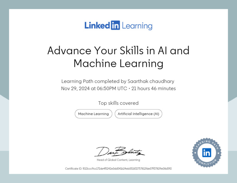 CertificateOfCompletion - Advance Your Skills in AI and Machine Learning | PDF
