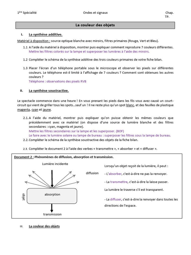 Chap. 2 TP Couleurs Des Objets Correction | PDF | Rouge | Jaune