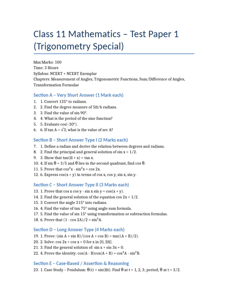 Class 11 Trigonometry Test Paper 1 | PDF