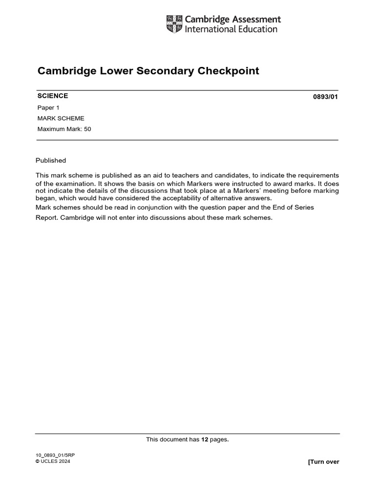 Science Mark Scheme for Checkpoint 2025 | PDF | Acid | Sulfur