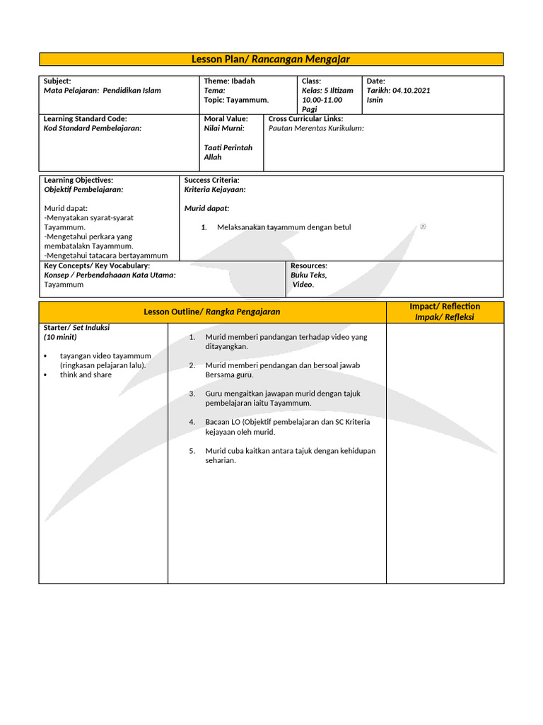 RPH Tayammum Thn 5 | PDF