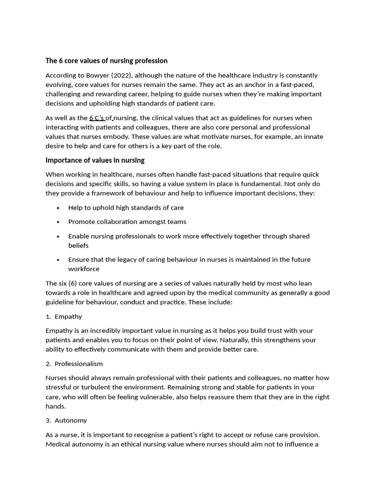 The 6 Core Values of Nursing Profession | PDF | Nursing | Autonomy