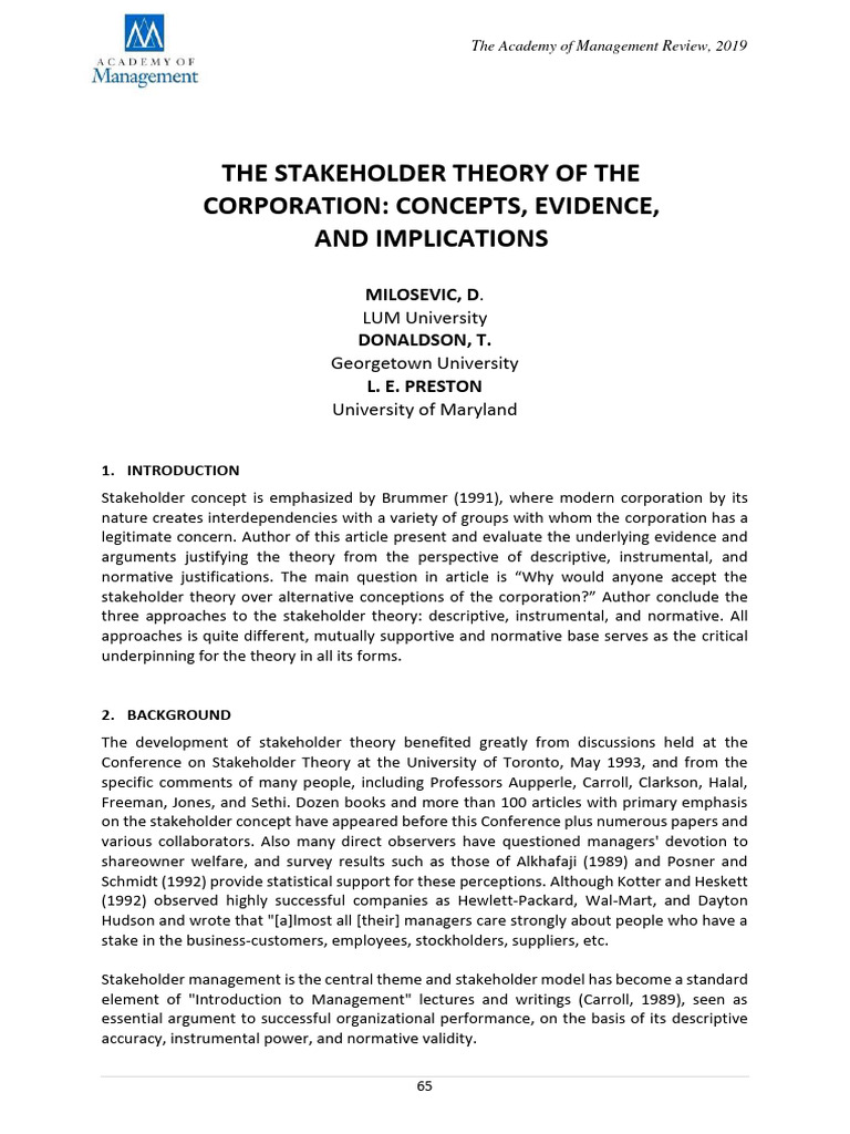 DONALDSON, Thomas PRESTON, Lee E. | PDF | Theory | Stakeholder (Corporate)