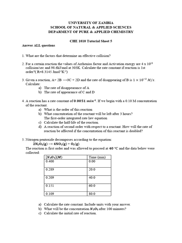 CHE 1010 Tutorial Sheet 5 - 2025-Chemical Kinetics | PDF | Reaction Rate | Reaction Rate Constant