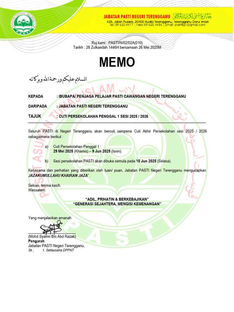 02 - 02a - 010 - Memo Cuti Persekolahan Penggal 1 Sesi 2025 - 2026 | PDF