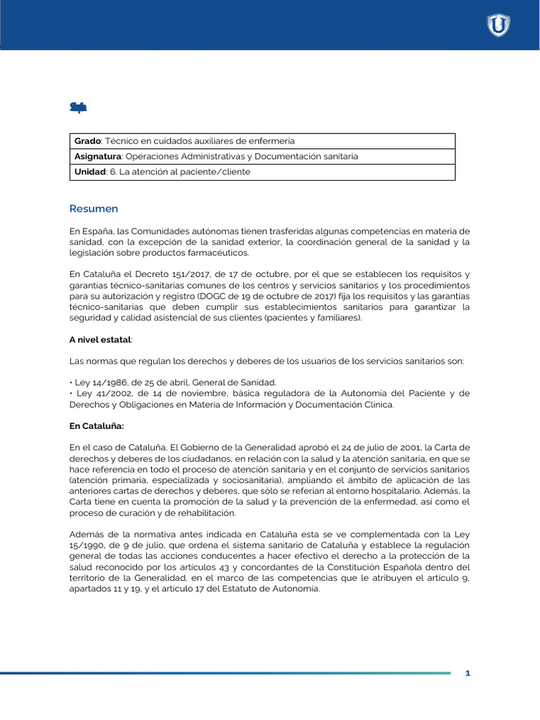 U6 RESUMEN La atención al paciente | PDF | Cuidado de la salud | Historial médico