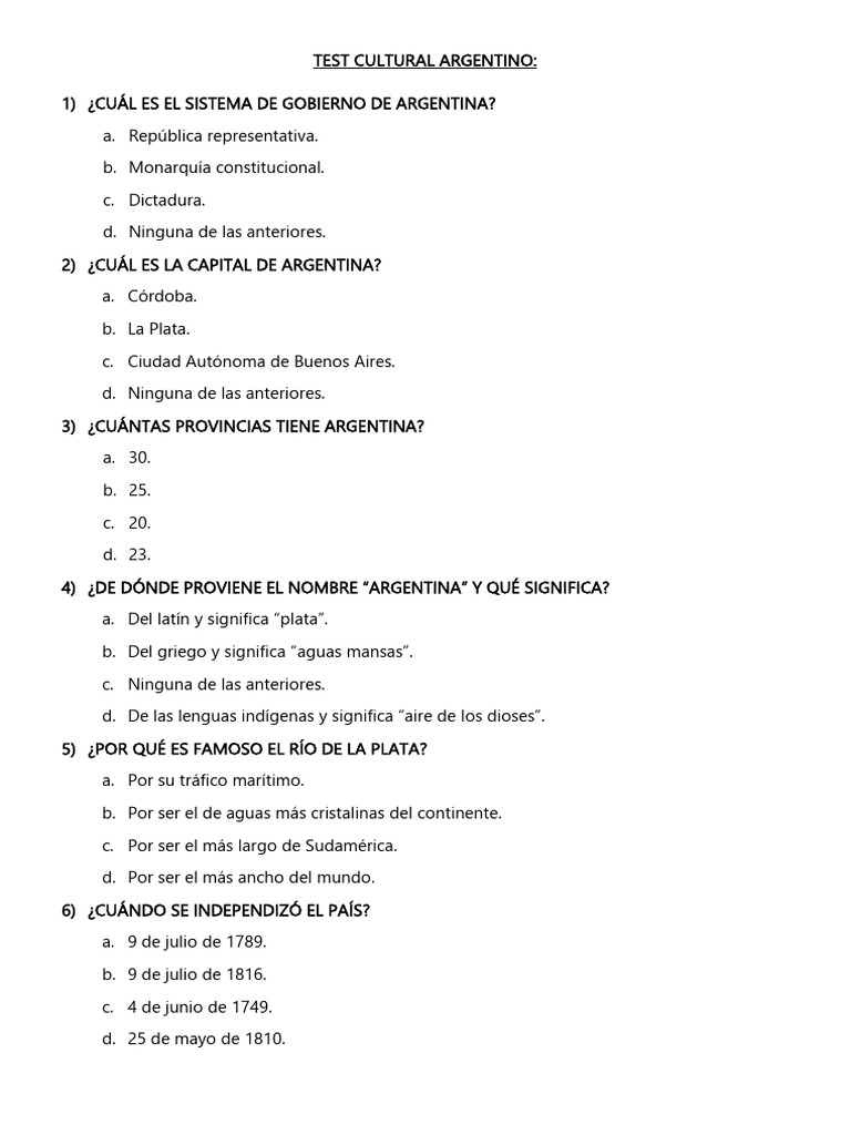 Test de Cultura General Argentina | PDF | Argentina | América del Sur