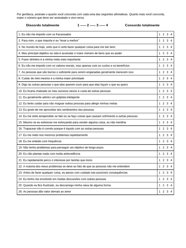 Escala de Levenson: Autoavaliação de Psicopatia | PDF