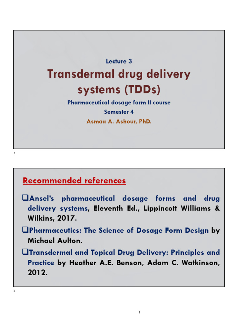 Lecture 3-Transdermal Drug Delivery-Dr - Asmaa Ashour | PDF | Polymers | Adhesive