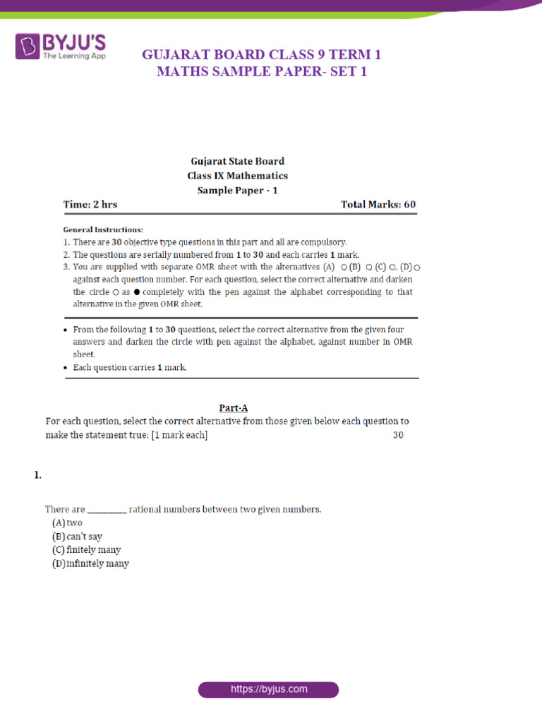 Class 9 Gujarat Board Maths Sample Paper | PDF