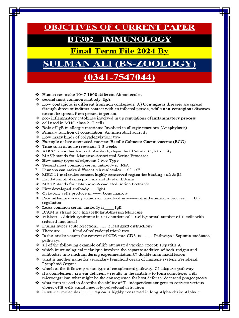 BT302 Final Term Objective Best File 2024 by Sulman Ali | PDF | Immune System | Antibody