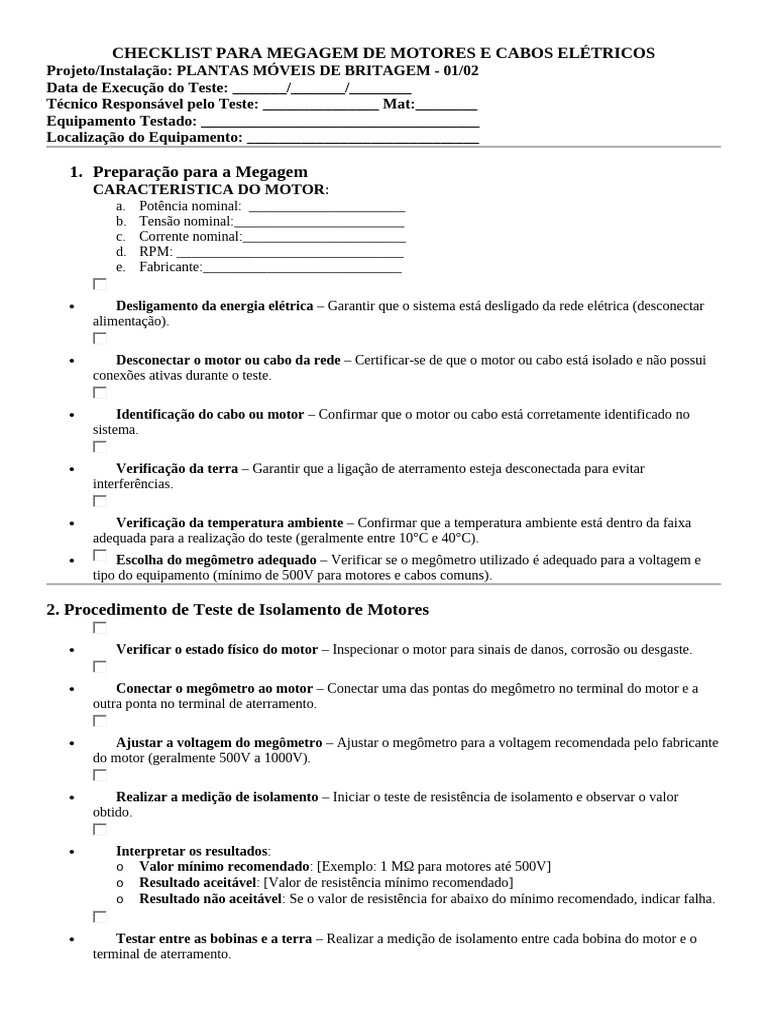 Checklist para Megagem de Motores e Cabos Elétricos | PDF | Fiação ...