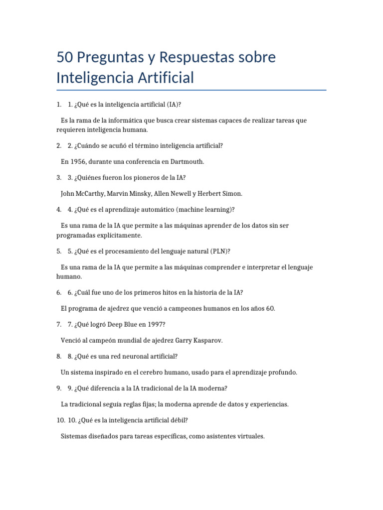 Cuestionario de 50 Preguntas sobre IA | PDF | Inteligencia artificial ...