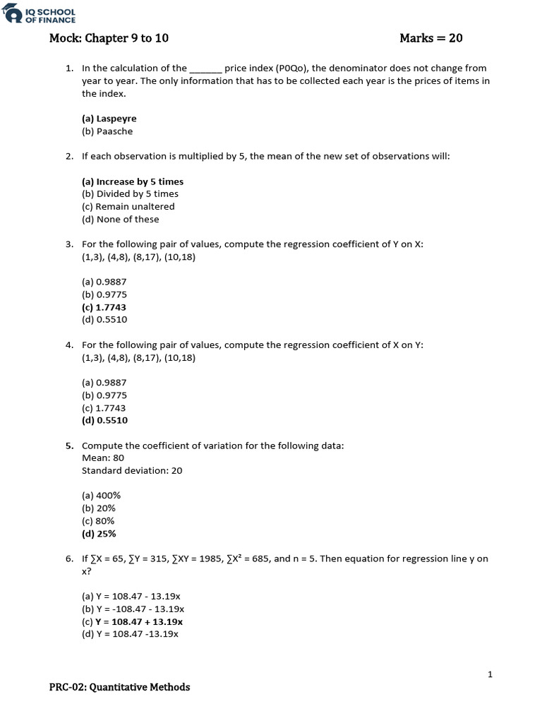 PRC-02 Chapter 9 & 10 Test - Answers | PDF | Price Indices | Median