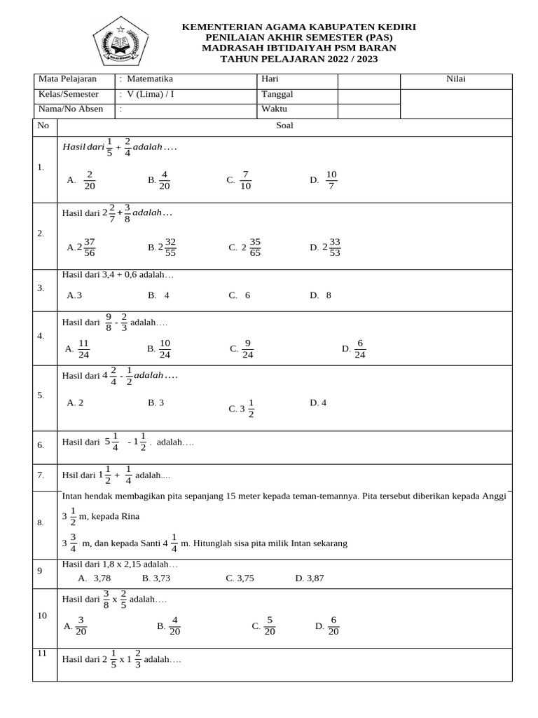 SOAL MM Kelas V | PDF