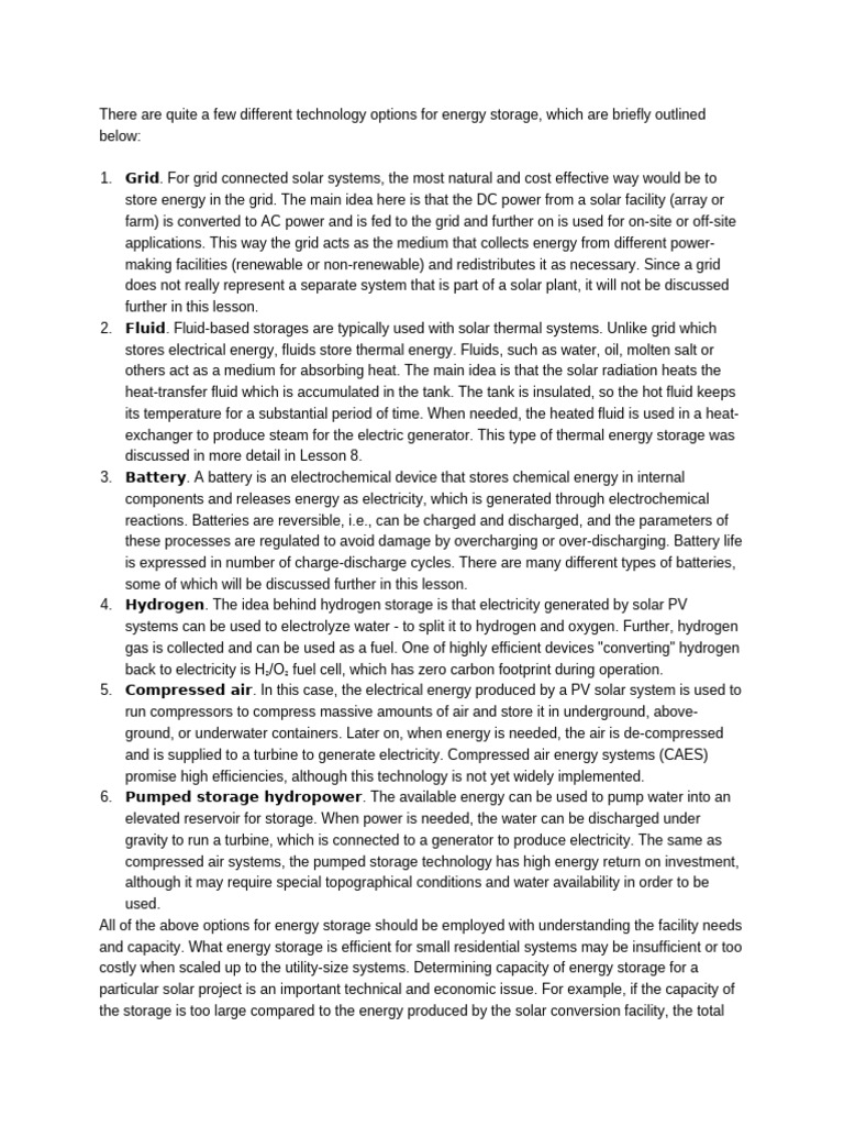 Energy Storage Options for Solar Systems | PDF | Energy Storage ...