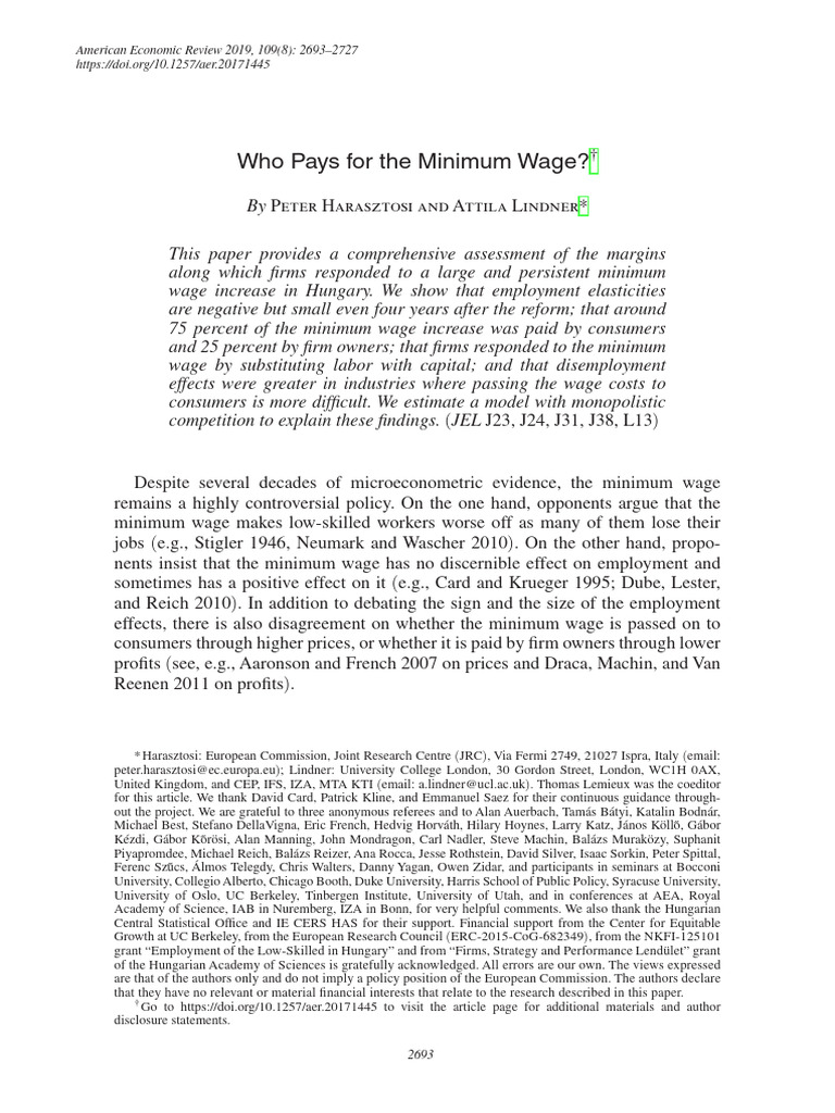harasztosi-lindner-2019-who-pays-for-the-minimum-wage | PDF | Minimum Wage | Labour Economics